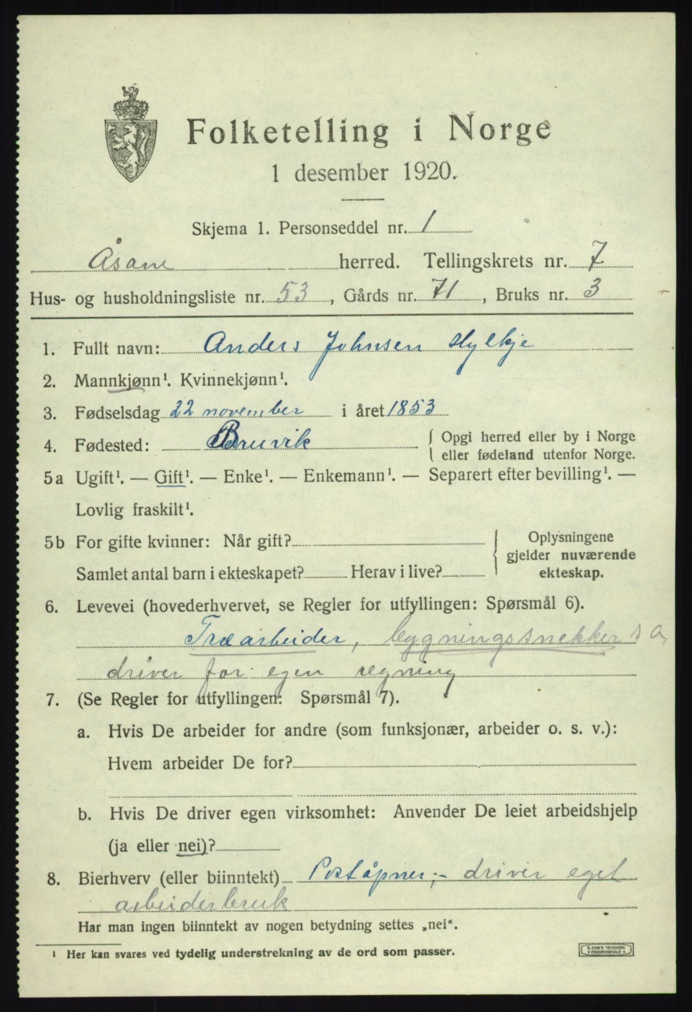 Folketellinger: SAB, Folketelling 1920 for 1255 Åsane herred, 1920, s. 5775 - Skanna arkiver ...