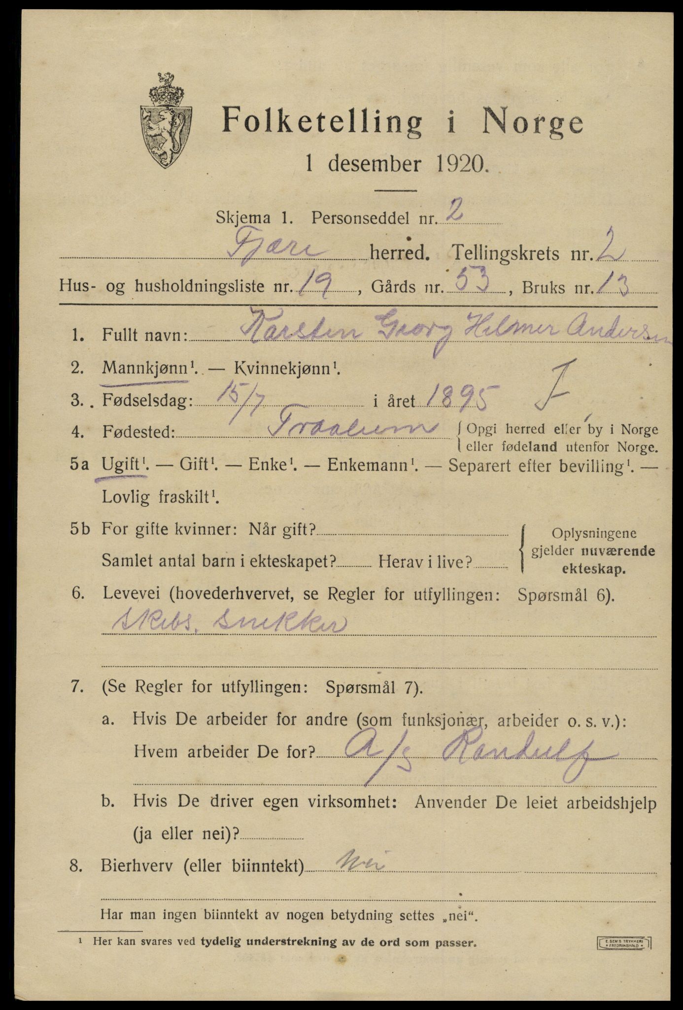 Folketellinger: SAK, Folketelling 1920 for 0923 Fjære herred, 1920, s. 3431 - Skanna arkiver ...